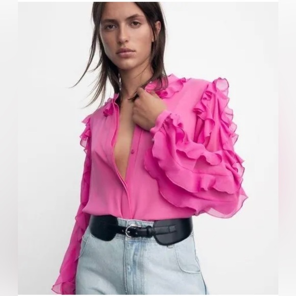 Zara | Tops | 5 For 25 Zara Ruffle Blouse Hot Pink Barbie Pink Size ...